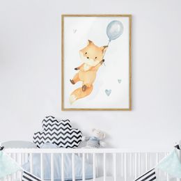 Bilderwelten Bild mit Rahmen Tiere orange modern Aquarell - Fuchsbaby mit Luftballon Blau - Herz Kinderzimmer Baby M&auml;dchen Jungen