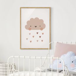 Bild mit Rahmen - Boho Wolke mit Herzregen - beige Illustration inkl. Rahmung Herz Kinderzimmer Baby M&auml;dchen Jungen