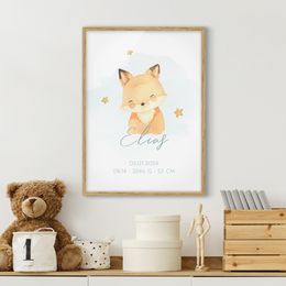 Bilderwelten Bild mit Rahmen Tiere orange modern Aquarell - Fuchsbaby mit Wunschtext Blau - Himmel Kinderzimmer Baby M&auml;dchen Jungen