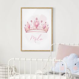 Bild mit Rahmen - Rosa Krone mit Wunschtext - originell rosa modern Aquarell Name Kinderzimmer Baby M&auml;dchen Jungen