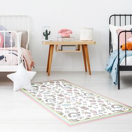 Vinylteppich - Einh&ouml;rner und S&uuml;&szlig;es in Pastell mit Rahmen - Illustration pastell Tiere Vinylmatte Einhorn Kinderzimmer