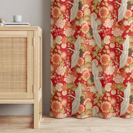 Bilderwelten Vorhang Kraniche und Chrysanthemen Rot - blickdichte Gardine Blumen Floral Illustration Muster Tiere Wohnzimmer Schlafzimmer K&uuml;che Bad Badezimmer Rot