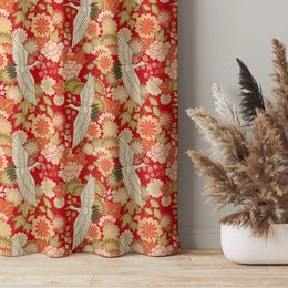 Vorhang Kraniche und Chrysanthemen Rot - blickdichte Gardine Blumen Floral Illustration Muster Tiere Wohnzimmer Schlafzimmer K&uuml;che Bad Badezimmer Rot