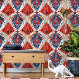 Bilderwelten Fototapete originell Orientalisch Wandtapete rot - Gro&szlig;es Ikat Muster Bali rot und blau - Deko Wohnzimmer Schlafzimmer