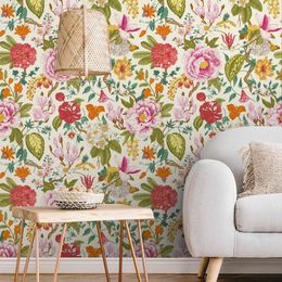 Bilderwelten Fototapete Vliestapete Illustration Wandtapete bunt - Illustriertes Blumen Chinoiserie Muster auf Gelb - Deko Wohnzimmer Schlafzimmer