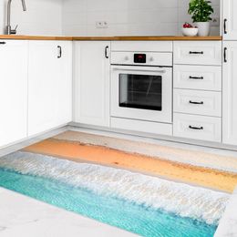 Vinylteppich - Fu&szlig;abdr&uuml;cke im Paradies - Motiv blau Strand Vinylmatte Landschaft K&uuml;che Badezimmer Flur