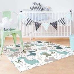 Vinylteppich - Freundliche Dinosaurier mit Palmen und Kakteen - Illustration blau Tiere Vinylmatte Dinosaurier Kinderzimmer