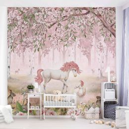 Bilderwelten Fototapete Wald modern Aquarell rosa - Magischer Wald mit rosa B&auml;umen - B&auml;ume Kinderzimmer Baby M&auml;dchen Jungen