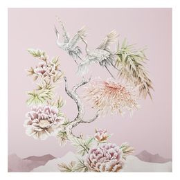 Bilderwelten Alu-Dibond Outdoor Bild Aquarell St&ouml;rche im Flug mit Blumen auf Rosa
