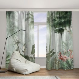 Bilderwelten Vorhang Flamingos im Dschungel - blickdichte Gardine Wald B&auml;ume Botanik Tropical Kunstdruck Natur Tiere Wohnzimmer Schlafzimmer K&uuml;che Bad Badezimmer
