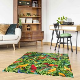 Bilderwelten Vinylteppich Tropisch bunt Tiere Vinylmatte - Bunte Collage - Papageien im Dschungel - Pflanzen K&uuml;che Badezimmer Flur