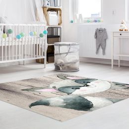 Vinylteppich - Aquarell Waschb&auml;r auf Holz - Illustration grau Tiere Aquarell Deko Kinderzimmer