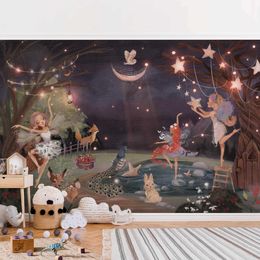 Bilderwelten Fototapete Garten Feen Elfen Aquarell M&auml;rchen Waldtiere M&auml;dchen Kinder M&auml;dchenzimmer Kinderzimmer M&auml;dchentapete Vlestapete Kindertapete