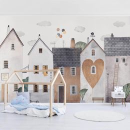 Bilderwelten Fototapete Aquarell H&auml;user Kinderzimmer Babyzimmer - M&auml;dchen Junge Baby - Vliestapete Kindertapete Boho Stadt M&auml;dchentapete