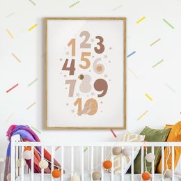 Bild mit Rahmen - Boho Zahlen - Tiere beige Illustration inkl. Rahmung Deko Kinderzimmer Baby M&auml;dchen Jungen