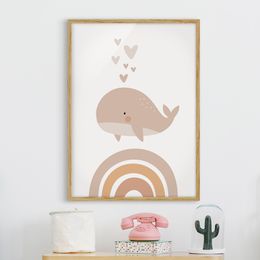 Bild mit Rahmen - Boho Wal und Regenbogen - Tiere beige modern inkl. Rahmung Regenbogen Kinderzimmer Baby M&auml;dchen Jungen