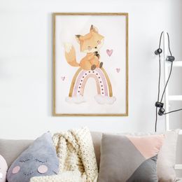 Bild mit Rahmen - Fuchsbaby auf Regenbogen Rosa - Tiere orange modern Aquarell Herz Kinderzimmer Baby M&auml;dchen Jungen