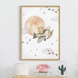 Bild mit Rahmen - Flug im Sonnenuntergang - Tiere bunt modern Aquarell Flugzeug & Hubschrauber Kinderzimmer Baby M&auml;dchen Jungen