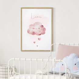 Bild mit Rahmen - Wolke mit Herzregen und Wunschtext - originell rosa modern Aquarell Herz Kinderzimmer Baby M&auml;dchen Jungen