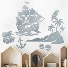 Bilderwelten Wandtattoo Strand modern selbstklebend Wandaufkleber - Piraten Set mit Schatz - Wandsticker Kinderzimmer Baby M&auml;dchen Jungen