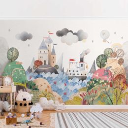 Bilderwelten Fototapete Reise ins M&auml;rchenland Schloss Aquarell - Babytapete Kindertapete M&auml;dchen Motivtapete Vliestapete Kindertapete