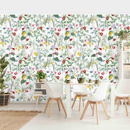 Fototapete Wildblumen auf Wei&szlig; - Vliestapete nach Ma&szlig; Aquarell Blumen Floral Kunstdruck Landhausstil Wohnzimmer Schlafzimmer Bad Badezimmer K&uuml;che