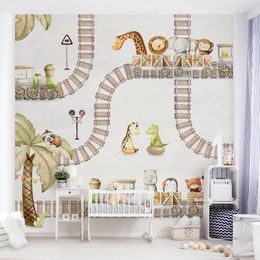 Bilderwelten Fototapete Tiere modern Aquarell gr&uuml;n - Tierisches Zugabenteuer - Zug Kinderzimmer Baby M&auml;dchen Jungen