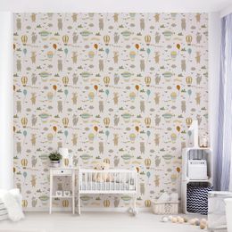 Bilderwelten Fototapete Tiere Illustration Wandtapete beige - Ballons und Tiere Muster - Ballon Kinderzimmer Baby M&auml;dchen Jungen