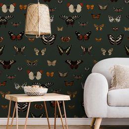 Bilderwelten Fototapete Vintage Schmetterlinge Dunkel Gr&uuml;n K&uuml;chentapete - K&uuml;che romantisch modern Wohnzimmer Schlafzimmer selbstklebend Vlies Muster Retro