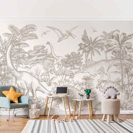 Bilderwelten Fototapete Dinosaurier Welt neutral Wei&szlig; Dino Jungenzimmer Kinderzimmer Jungen Kinder Jungentapete Kindertapete Babyzimmer Kindertapete Baby
