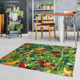 Vinylteppich - Bunte Collage - Papageien im Dschungel - Tropisch bunt Tiere Vinylmatte Pflanzen K&uuml;che Badezimmer Flur