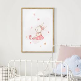 Bild mit Rahmen - Ballerina Hase mit Schmetterlingen - Blumen rosa modern Aquarell Tanzen Kinderzimmer Baby M&auml;dchen Jungen