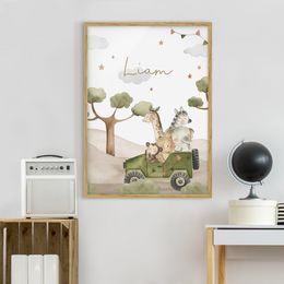 Bild mit Rahmen - Safariabenteuer mit Wunschtext - originell gr&uuml;n modern Aquarell Name Kinderzimmer Baby M&auml;dchen Jungen