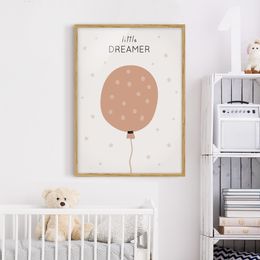 Bild mit Rahmen - Boho Luftballon - Little dreamer - Spr&uuml;che beige Illustration inkl. Rahmung Spr&uuml;che Kinderzimmer Baby M&auml;dchen Jungen