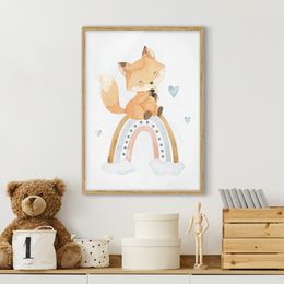 Bild mit Rahmen - Fuchsbaby auf Regenbogen Blau - Tiere orange modern Aquarell Herz Kinderzimmer Baby M&auml;dchen Jungen