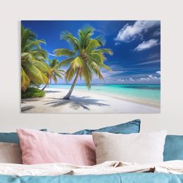 Bilderwelten Leinwandbild Traumstrand - Wandbild bis XXL Print Botanik Tropical Kunstdruck Natur Strand Wohnzimmer Schlafzimmer Bad Badezimmer K&uuml;che Flur