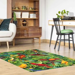 Vinylteppich - Bunte Collage - Papageien im Dschungel - Tropisch bunt Tiere Vinylmatte Pflanzen K&uuml;che Badezimmer Flur