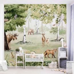 Bilderwelten Fototapete Fr&uuml;hling im nordischen Wald Waltiere Aquarell Kinderzimmer Babyzimmer M&auml;dchen Junge Vliestapete nach Ma&szlig; inkl. Kleister oder selbstklebend