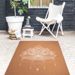 Bilderwelten Vinylteppich Orientalisch braun Spirituell Vinylmatte - Boho Lotusbl&uuml;te wei&szlig; Korkoptik - Meditation K&uuml;che Badezimmer Flur