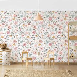 Bilderwelten Fototapete Blumen Illustration Aquarell pastell - Blumen Muster Pastell Aquarell - Deko Kinderzimmer Baby M&auml;dchen Jungen