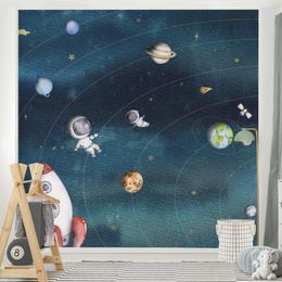 Bilderwelten Fototapete originell modern Aquarell blau - Unterwegs im Sonnensystem Dunkelblau - Himmel Kinderzimmer Baby M&auml;dchen Jungen