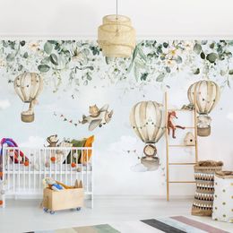 Bilderwelten Fototapete Ballon Tiere Elefant L&ouml;we Affe Zebra Aquarell Zoo beige Babyzimmer M&auml;dchen Junge Baby Kinderzimmer Kindertapete neutral