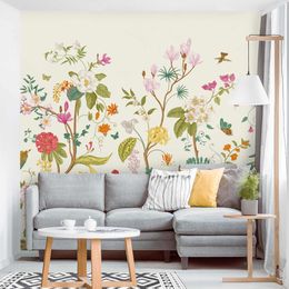 Bilderwelten Fototapete Blumen Illustration Wandtapete bunt - Illustrierte Blumen Chinoiserie auf Gelb - Schmetterlinge Wohnzimmer Schlafzimmer
