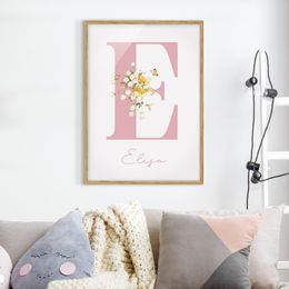 Bilderwelten Bild mit Rahmen Blumen rosa modern Aquarell - Aquarell Blumen Buchstabe mit Wunschtext - Name Kinderzimmer Baby M&auml;dchen Jungen