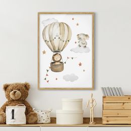 Bild mit Rahmen - L&ouml;we auf Safari im Hei&szlig;luftballon - Tiere bunt modern Aquarell Ballon Kinderzimmer Baby M&auml;dchen Jungen