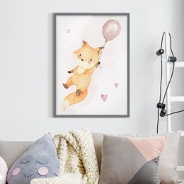 Bild mit Rahmen Fuchsbaby mit Luftballon Rosa