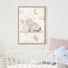 Bild mit Rahmen - Schafmama mit Baby - Tiere rosa modern Aquarell Himmel Kinderzimmer Baby M&auml;dchen Jungen