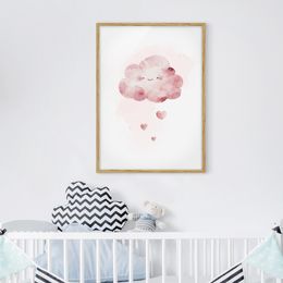 Bild mit Rahmen - Wolke mit Herzregen - originell rosa modern Aquarell Herz Kinderzimmer Baby M&auml;dchen Jungen