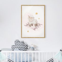 Bild mit Rahmen - S&uuml;&szlig;es Schafbaby - Tiere rosa modern Aquarell Himmel Kinderzimmer Baby M&auml;dchen Jungen
