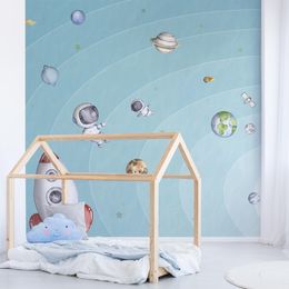 Bilderwelten Fototapete originell modern Aquarell blau - Unterwegs im Sonnensystem Hellblau - Himmel Kinderzimmer Baby M&auml;dchen Jungen